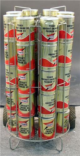 "Texaco" Oil Rack W/ wheels and cans of oil
