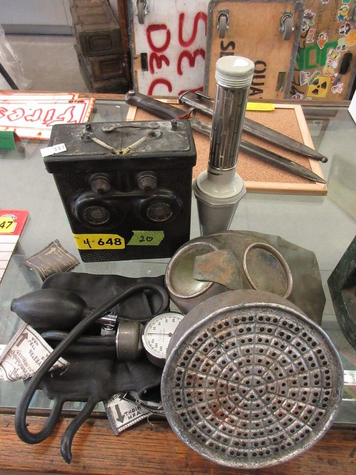 Vintage Gas Mask, Flashlight & More