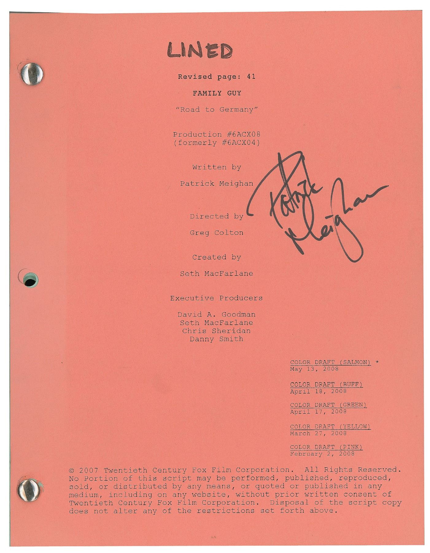 Family Guy Script Signed by Patrick Meighan