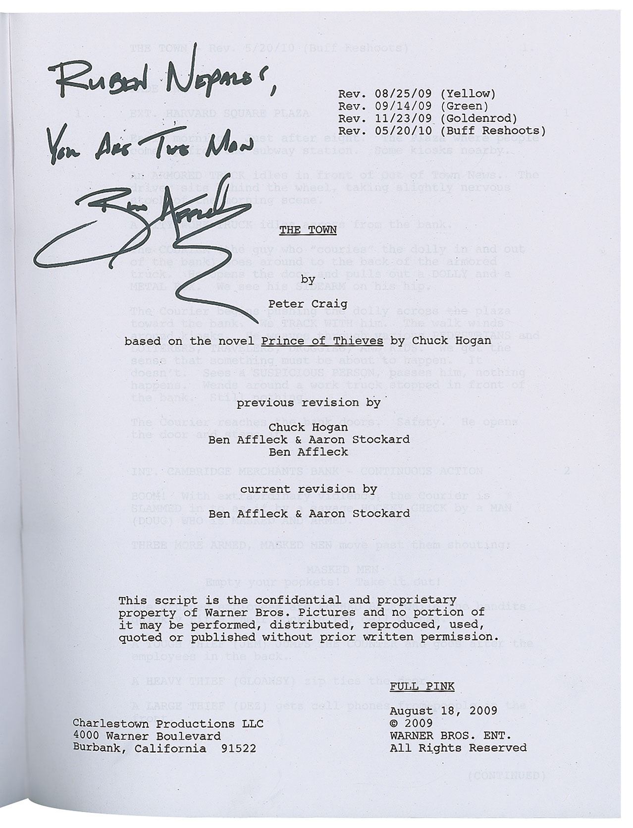 The Town Script Signed by Ben Affleck