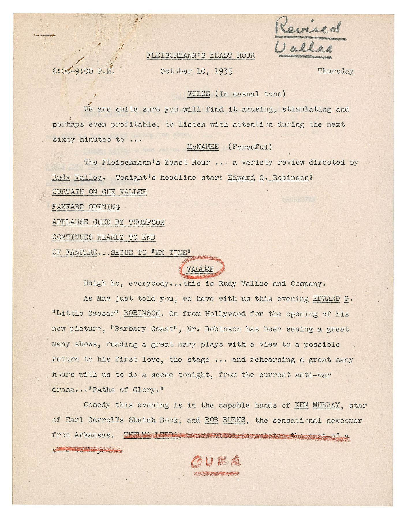 Rudy Vallee's Script for The Fleischmann's Yeast Hour