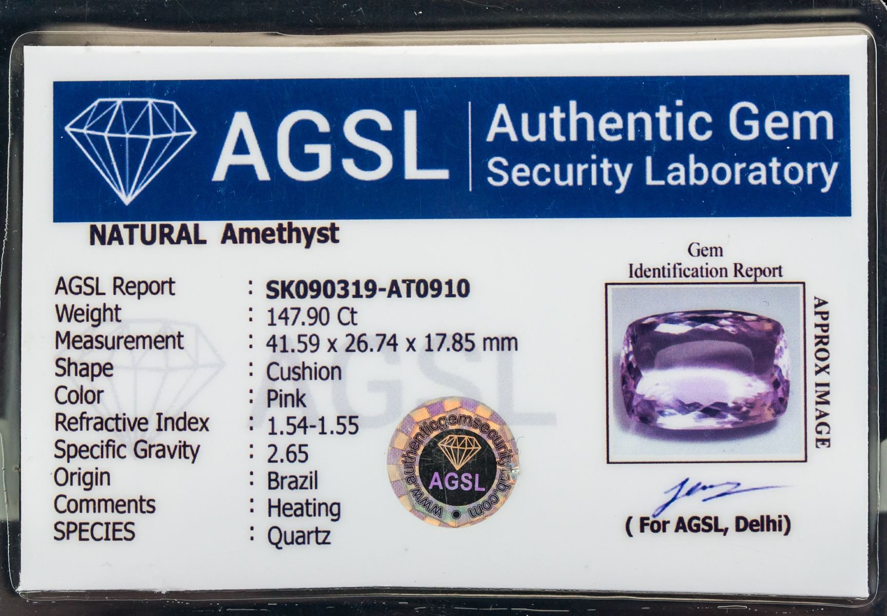 147.9 Ct Pink Cushion Cut Amethyst Certificate