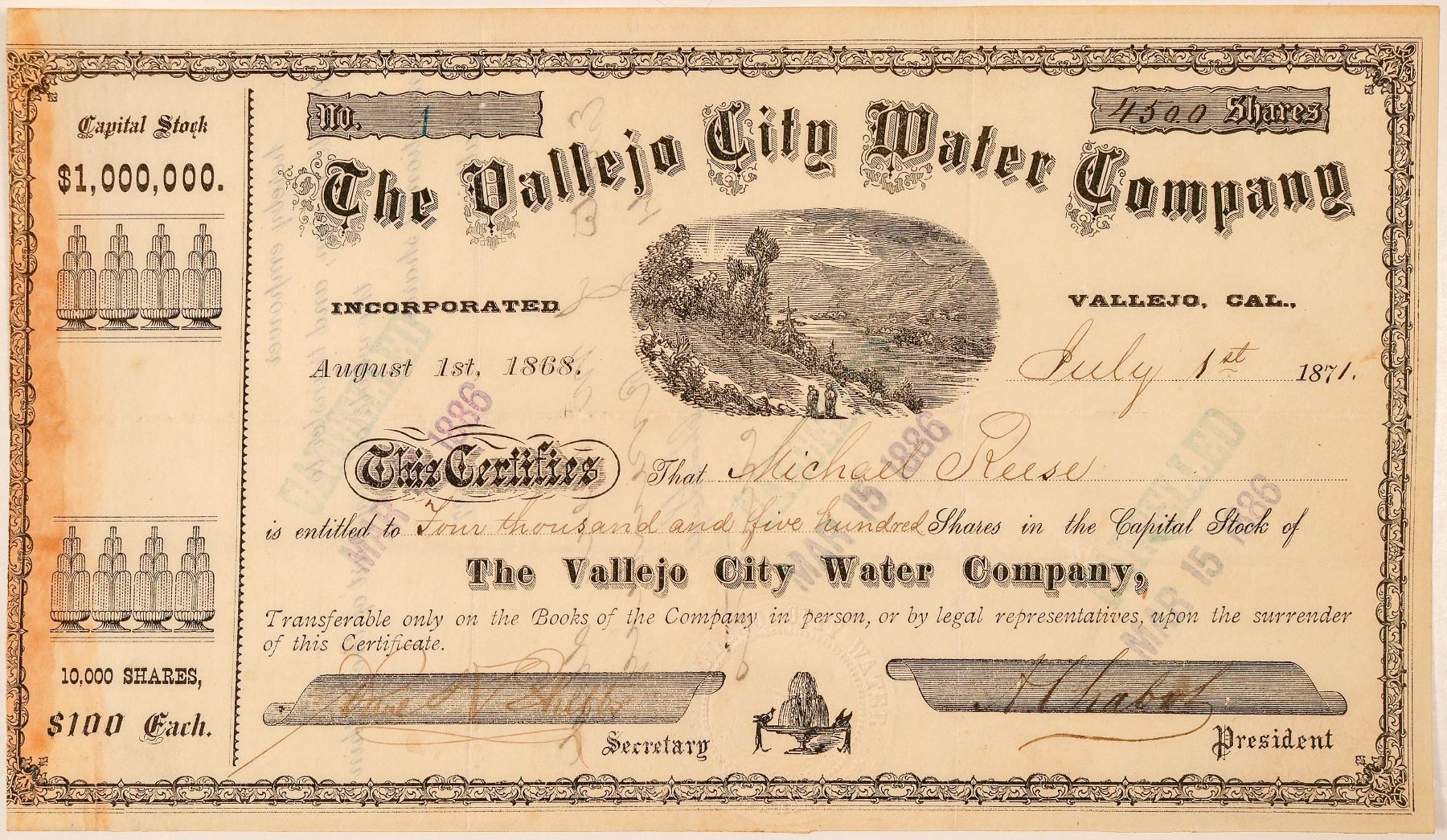 Vallejo City Water Company Stock Certificate Number One 101490 vallejo-city-water-company-stock-certificate-number-one-101490