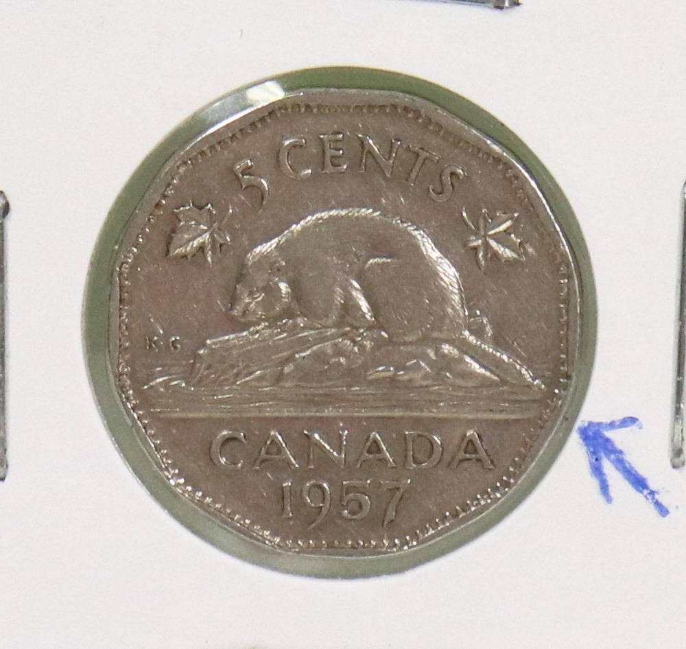 1957 CANADIAN BUGTAIL VARIETY 5 CENT COIN