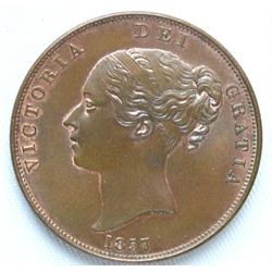 Victoria, young head, penny, 1857