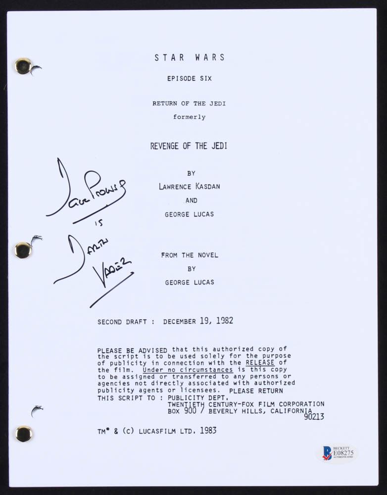David Prowse Signed "Star Wars: Return of The Jedi" Full Movie Script ...