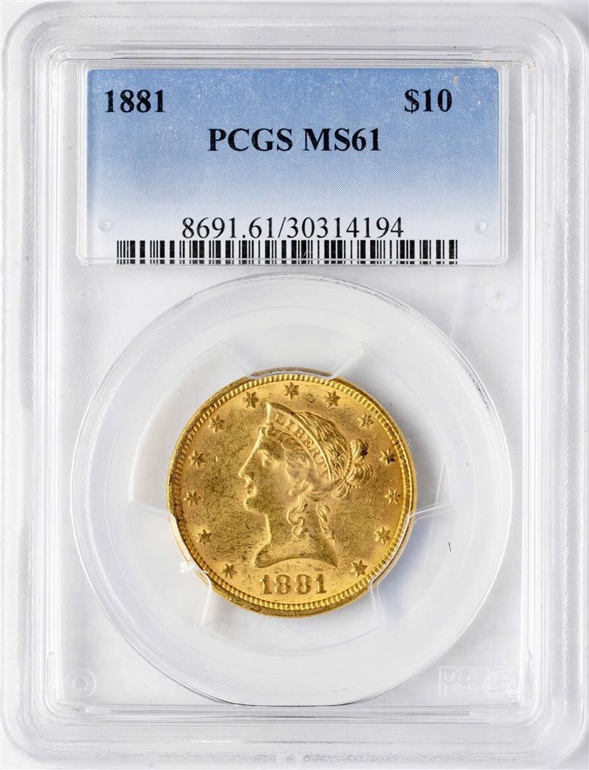 1881 $10 Liberty Head Eagle Gold Coin PCGS MS61