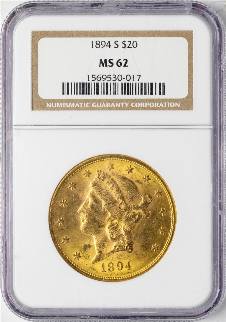 1894-S $20 Liberty Head Double Eagle Gold Coin NGC MS62