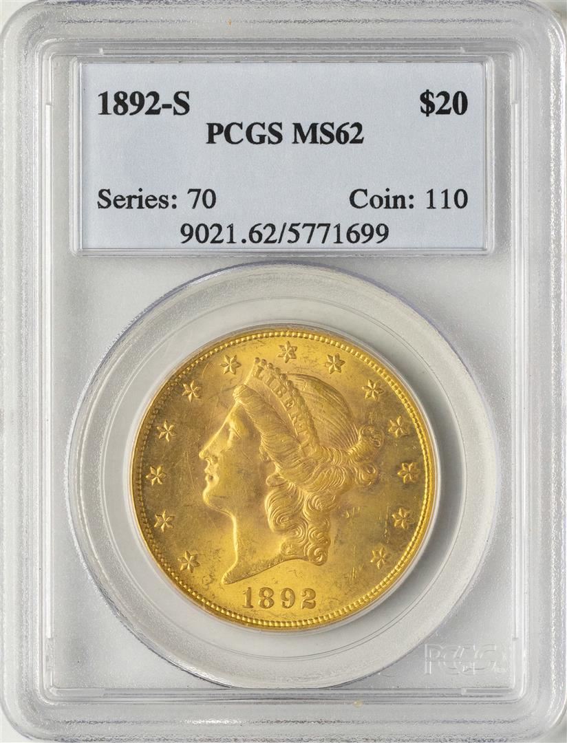 1892-S $20 Liberty Head Double Eagle Gold Coin PCGS MS62