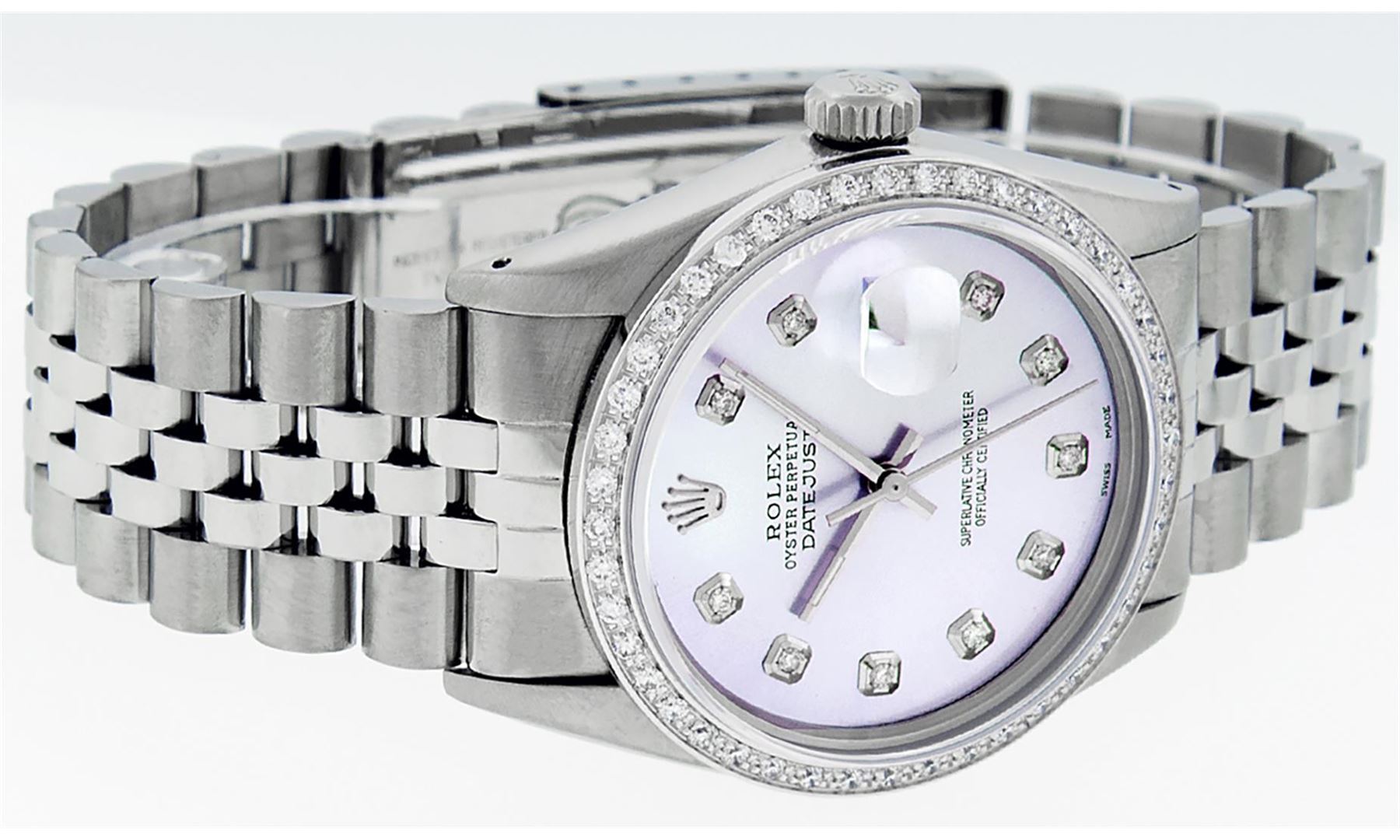 Rolex Mens Stainless Steel Purple Diamond 36MM Datejust Wristwatch