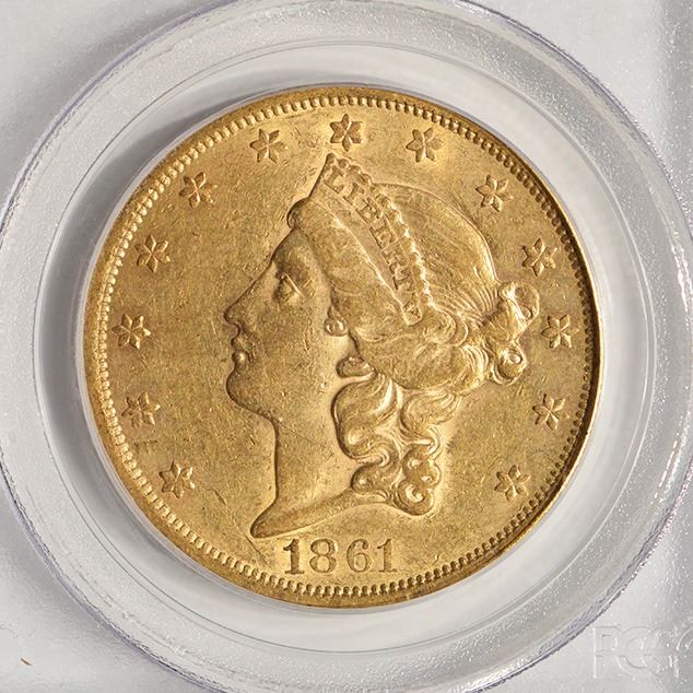 1861 $20 Liberty Head Double Eagle Gold Coin PCGS AU50