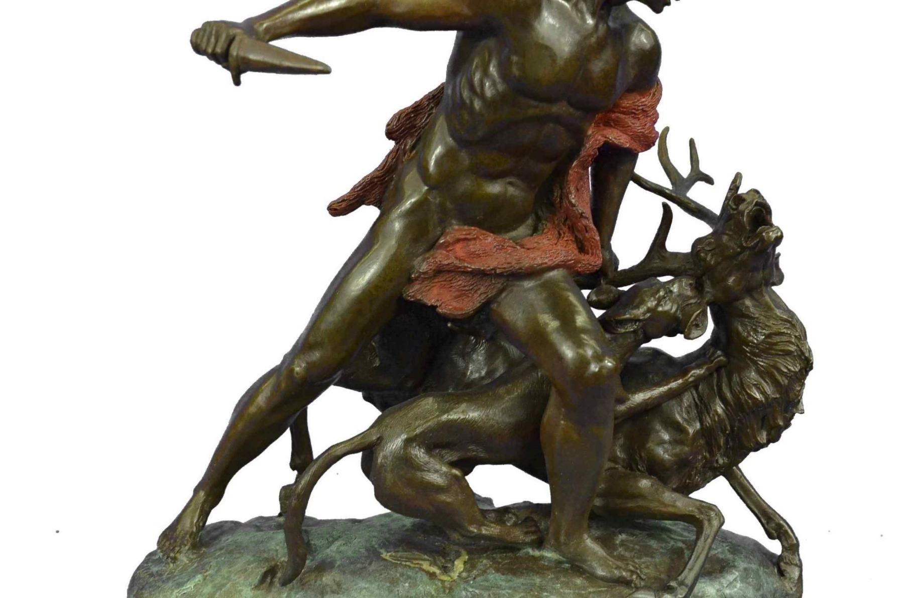 HERCULES & CERYNEIAN HIND Mythological Greek Bronze Sculpture 18" x 17"
