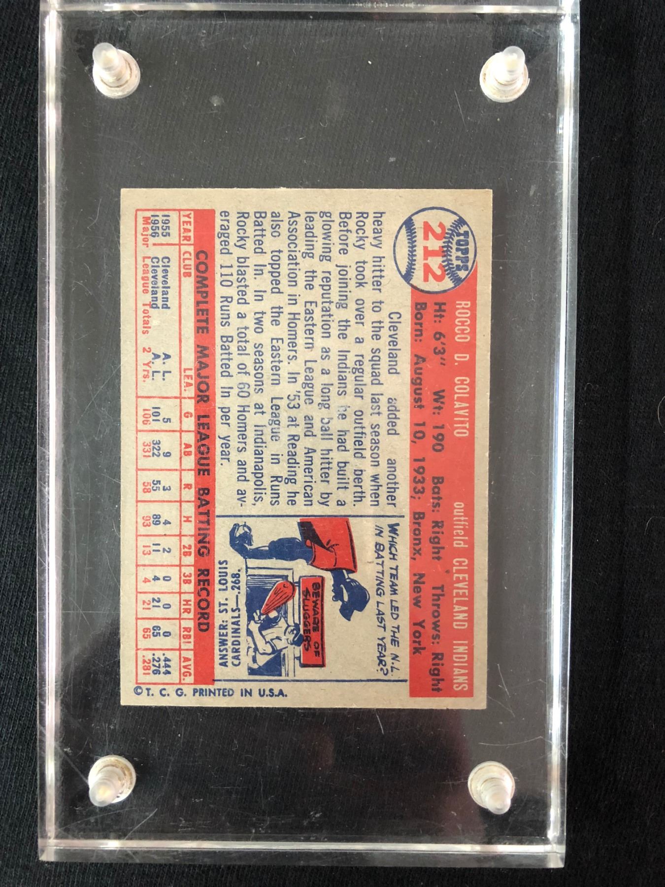 1957 Topps Baseball #212 Rocky Colavito Rookie Card