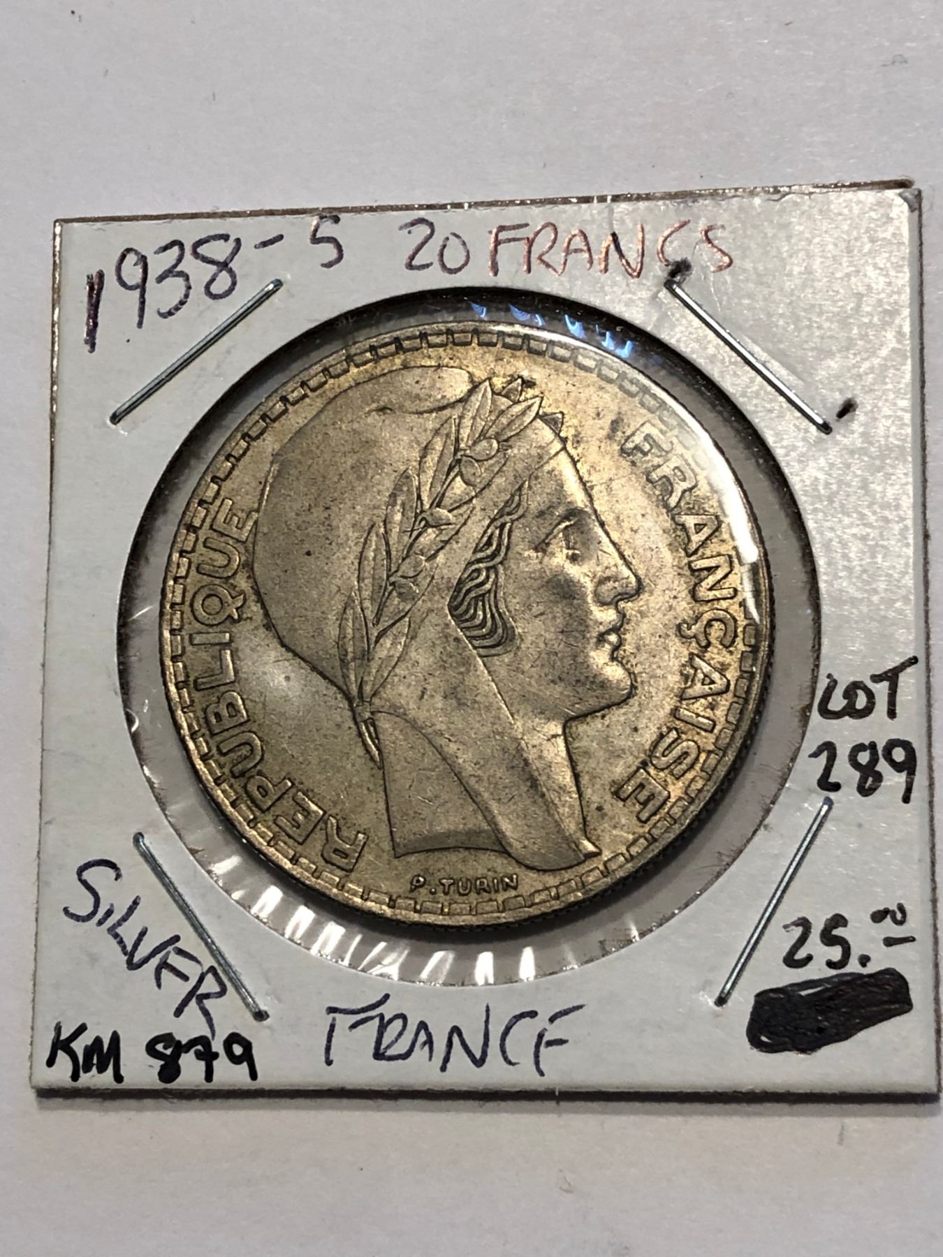 LARGE 1938 S France Silver 20 Francs Book Number KM 879