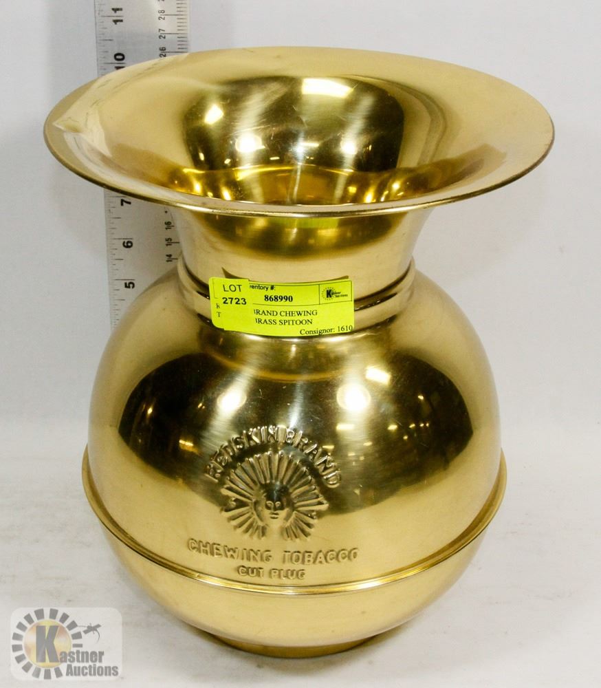 RED SKIN BRAND CHEWING TOBACCO BRASS SPITOON