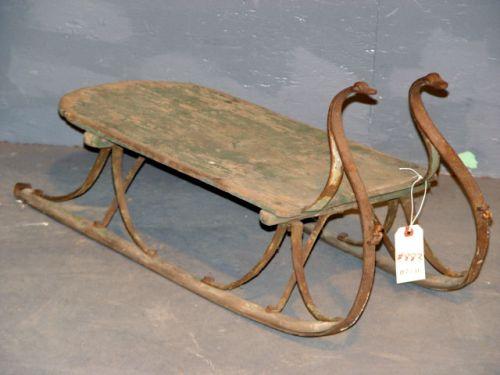 19TH C PRIMITIVE CHILDS SLED WITH SWAN HEAD FRONT