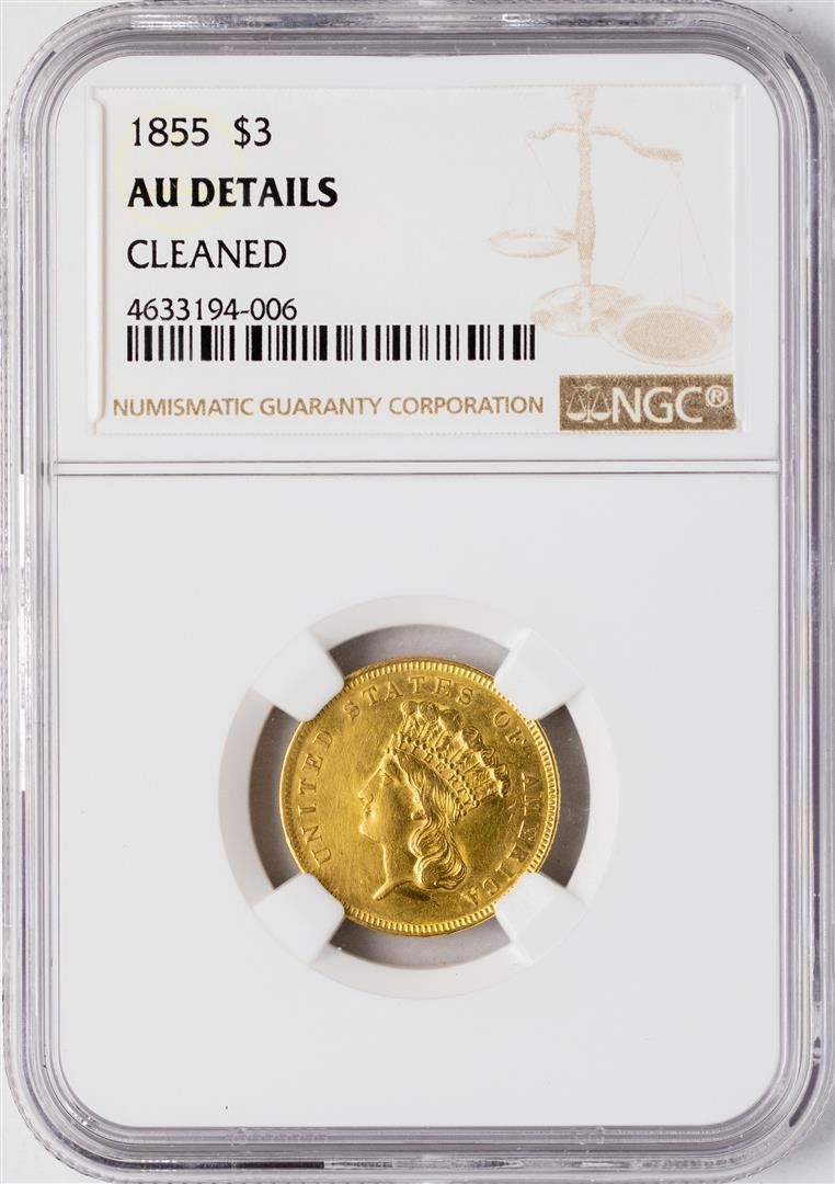 1855 $3 Indian Princess Head Gold Coin NGC AU Details