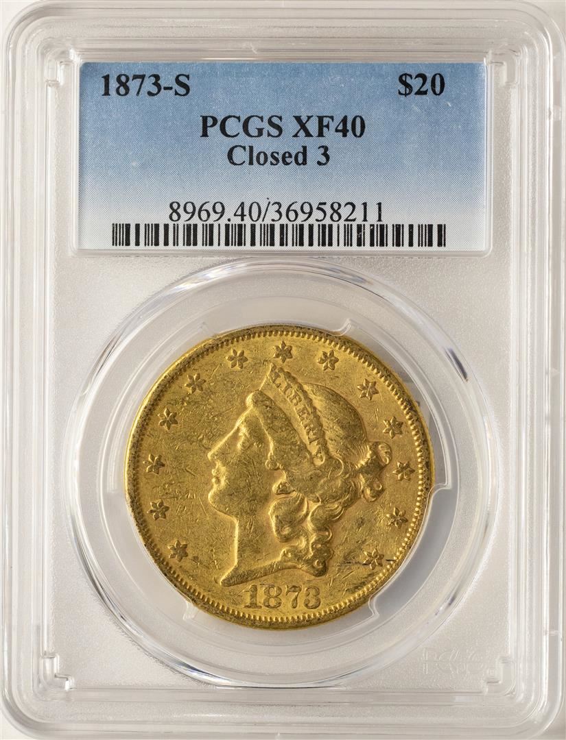 1873-S Closed 3 $20 Liberty Head Double Eagle Gold Coin PCGS XF40