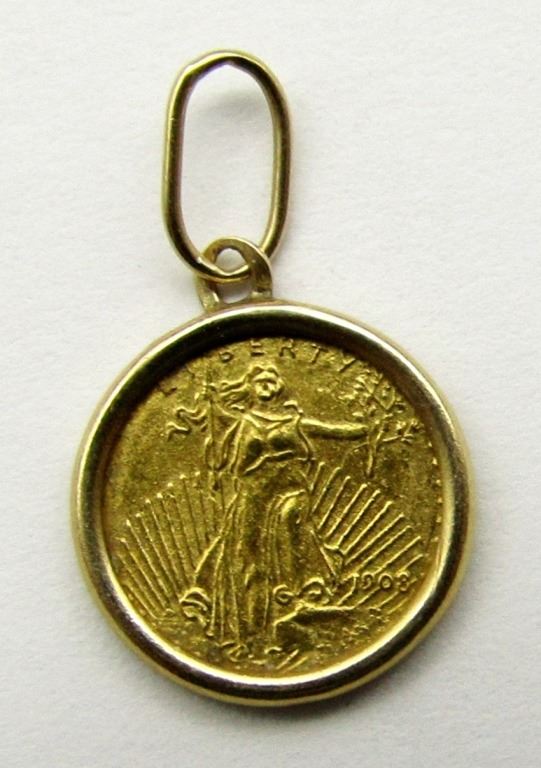 24KT GOLD MINITURE COIN IN GOLD BEZEL