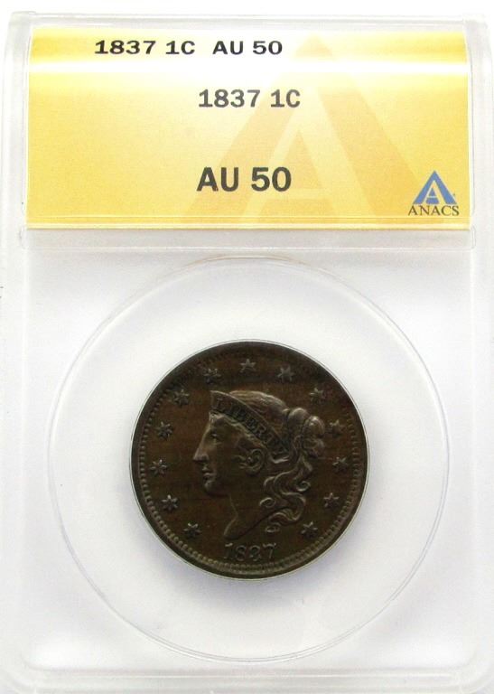 1837 LARGE CENT ANACS AU50
