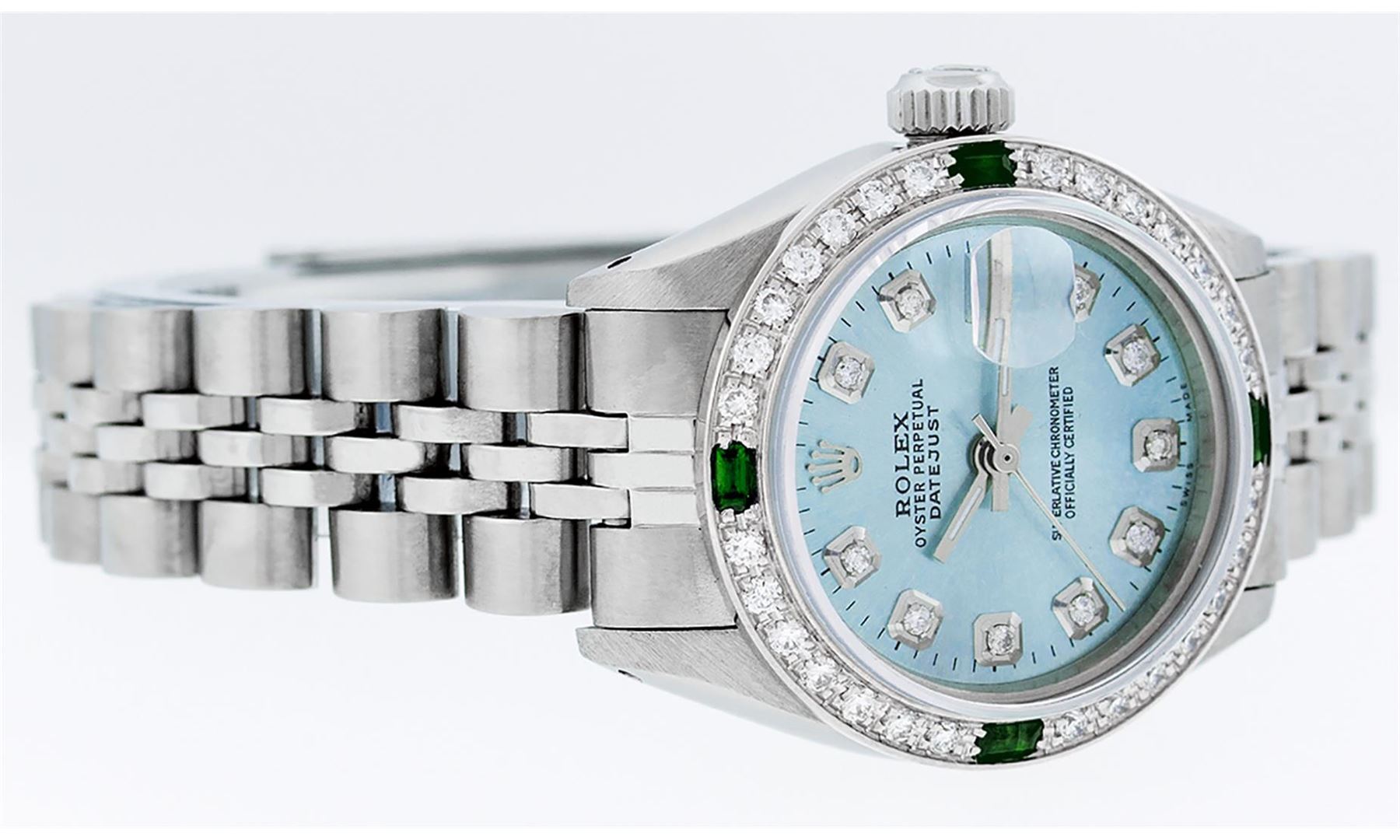 Rolex Ladies Stainless Steel Sky Blue Diamond & Emerald Datejust Wristwatch