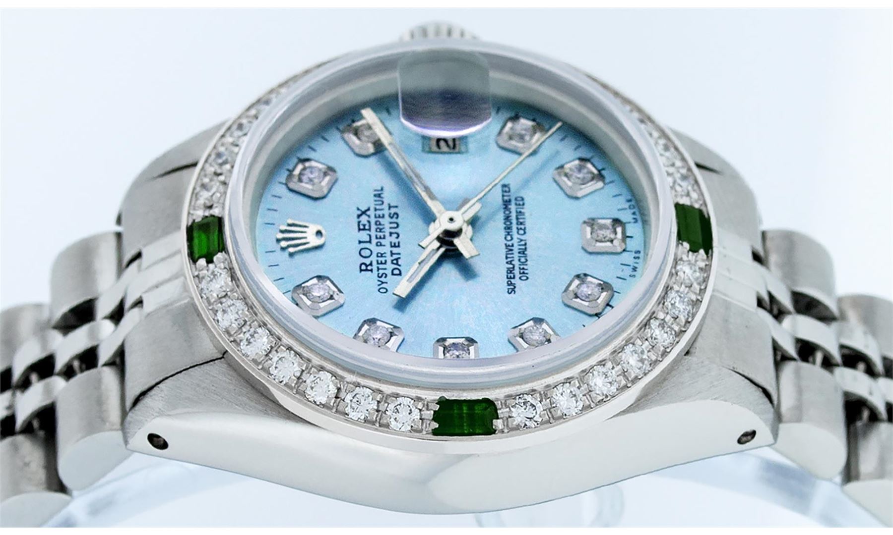 Rolex Ladies Stainless Steel Sky Blue Diamond & Emerald Datejust Wristwatch