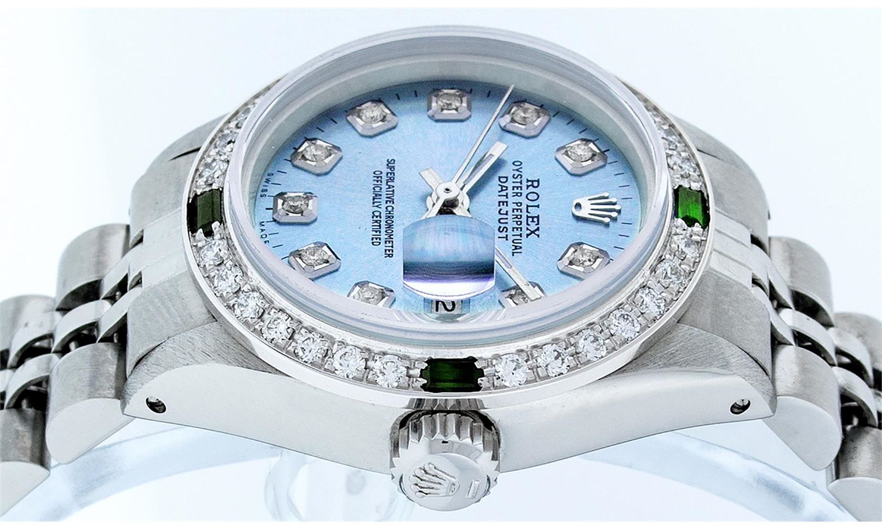 Rolex Ladies Stainless Steel Sky Blue Diamond & Emerald Datejust Wristwatch