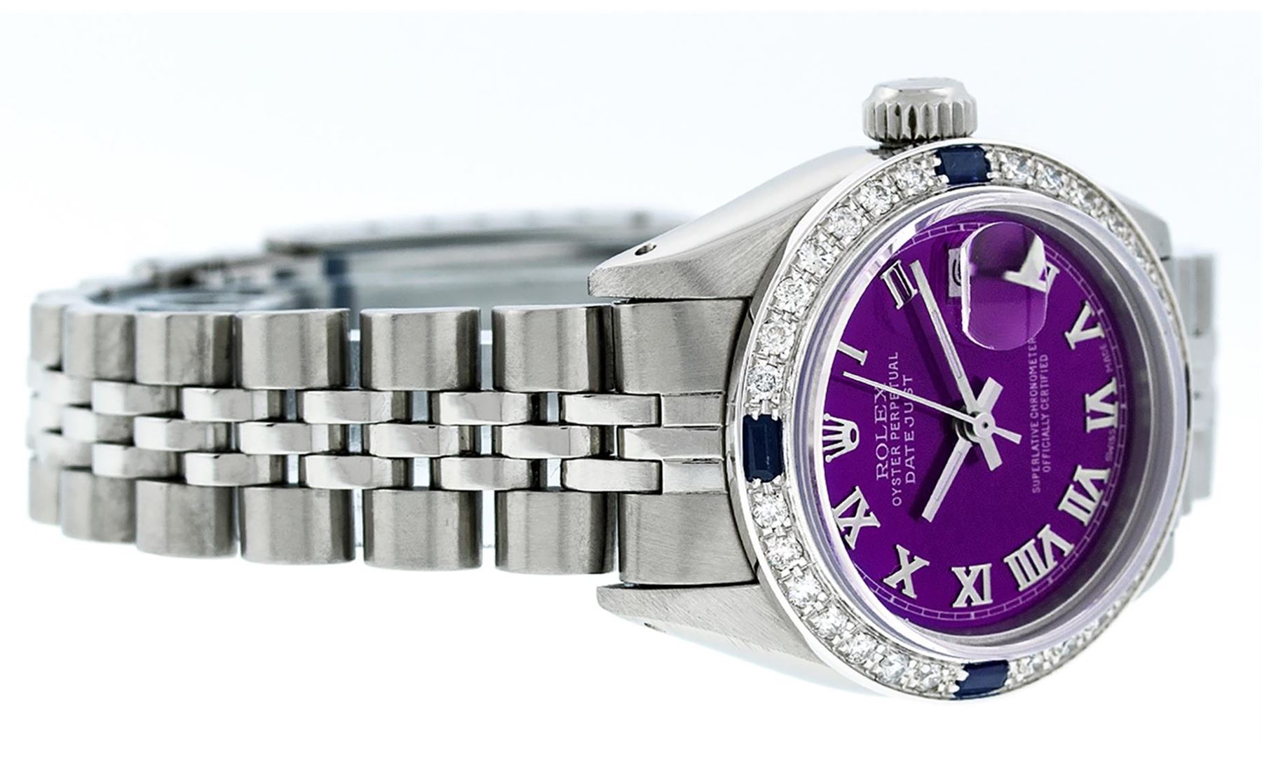 Rolex Ladies Stainless Steel Purple Diamond & Sapphire Datejust Wristwatch