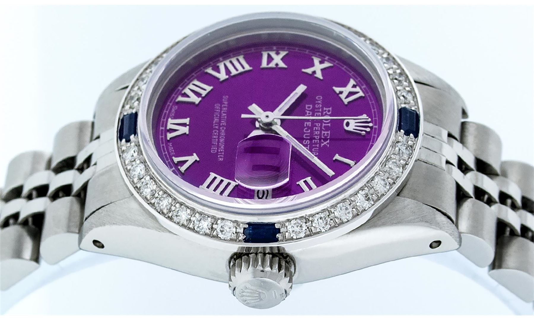 Rolex Ladies Stainless Steel Purple Diamond & Sapphire Datejust Wristwatch