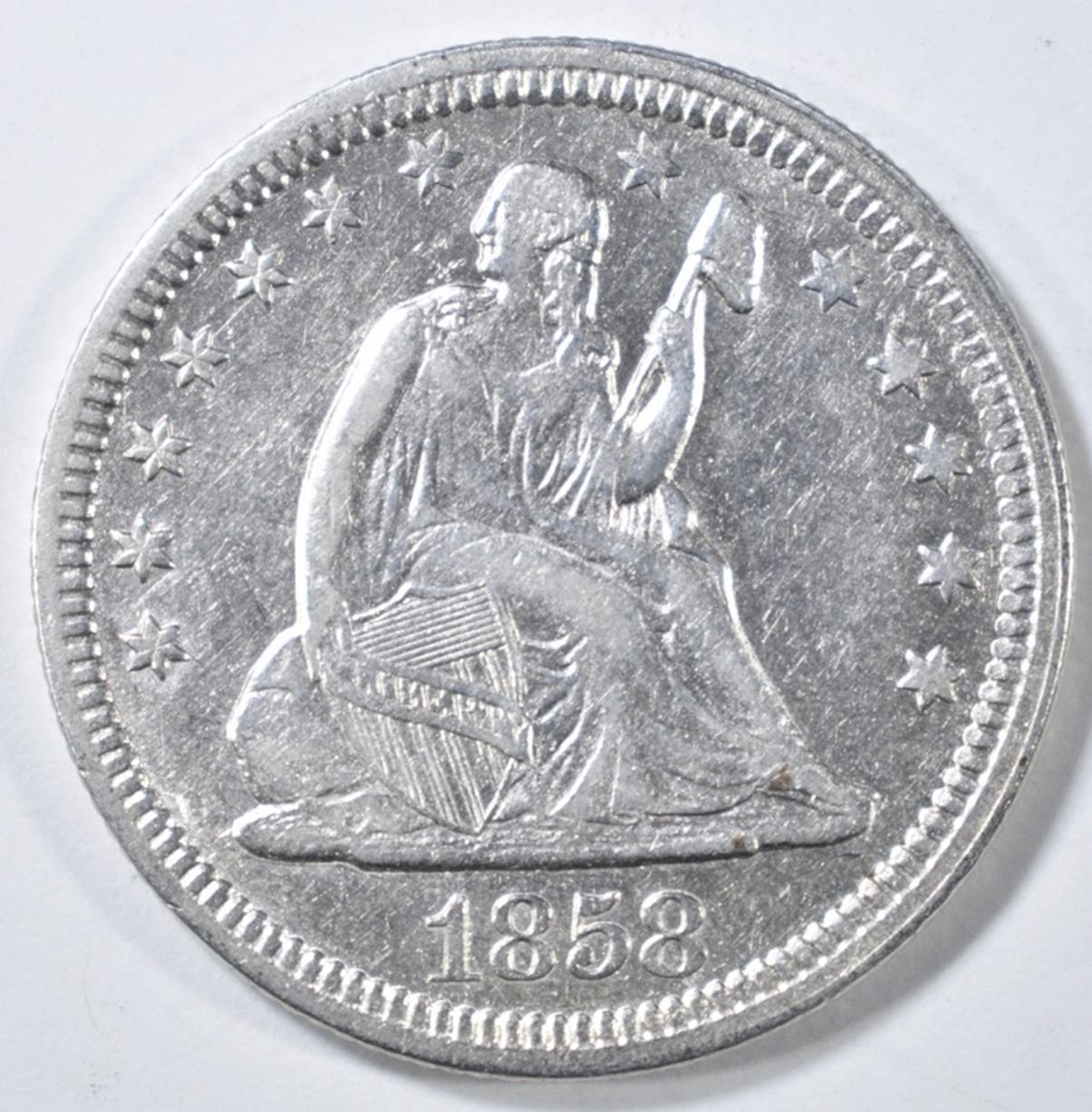 1858 SEATED LIBERTY QUARTER AU
