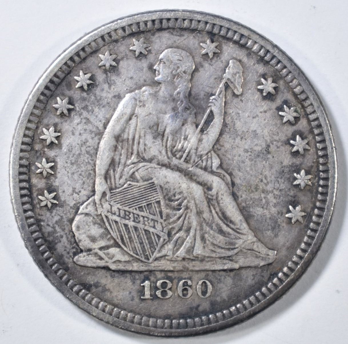 1860 SEATED LIBERTY QUARTER XF