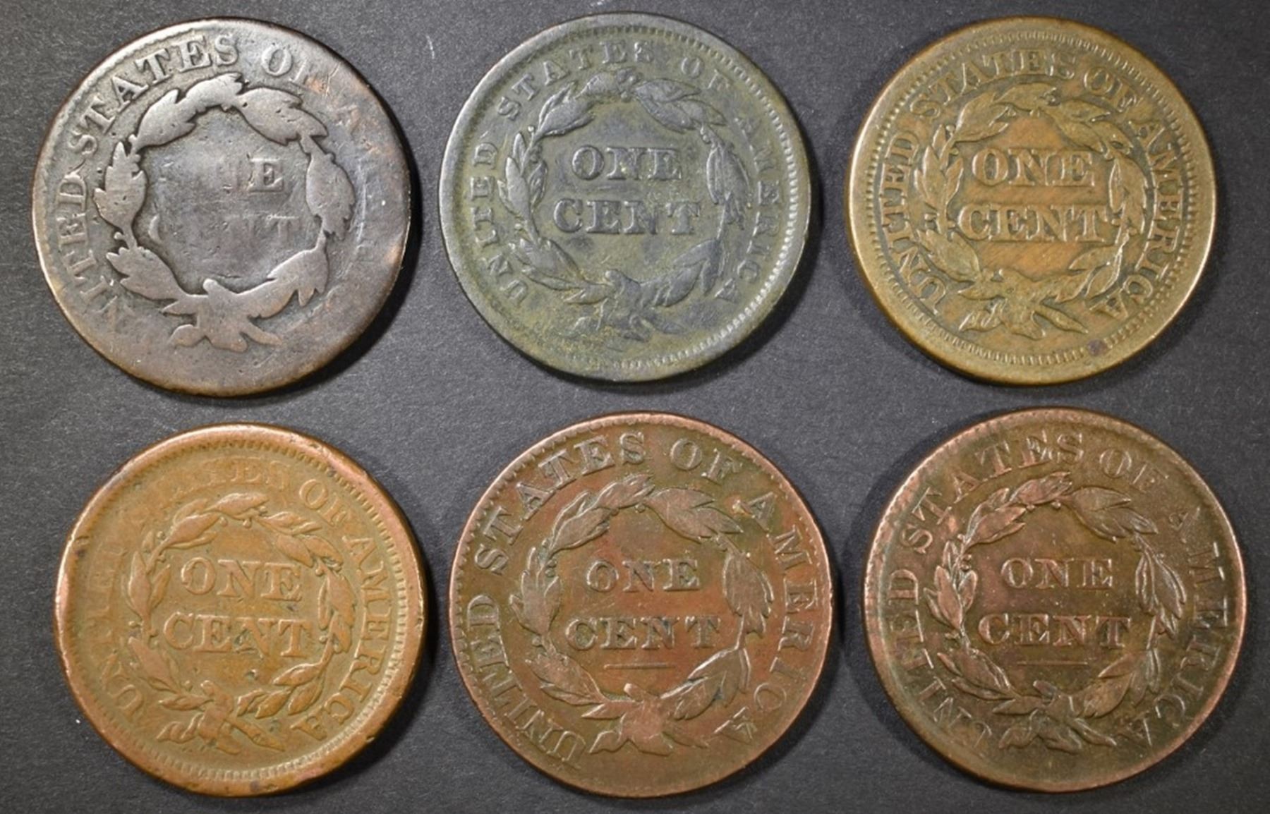 6 LARGE CENTS 1826 AG, 42 & 47 VF, 27 & 32 VG CL,