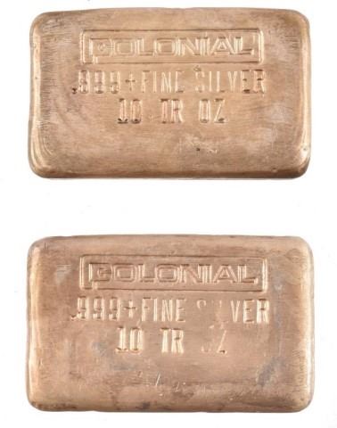 2 Ten Troy Ounce Colonial Silver Bars