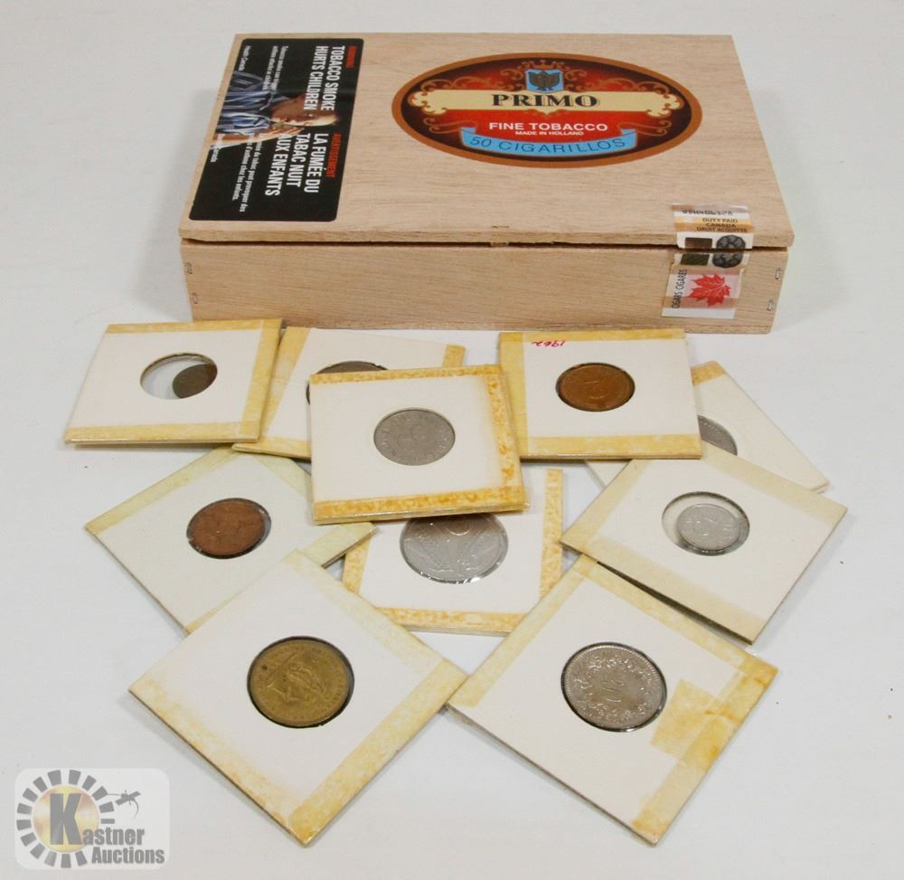 CIGAR BOX WITH TEN OLD WORLD COINS.