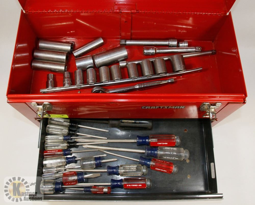 RED CRAFTSMAN 2 DRAWER 2 POWER TOOLS BOX FILLED