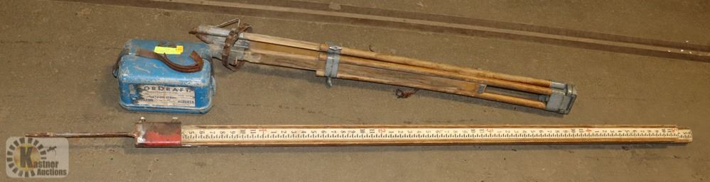 SURVEYORS TRANSIT, TRIPOD AND MEASURING STICK