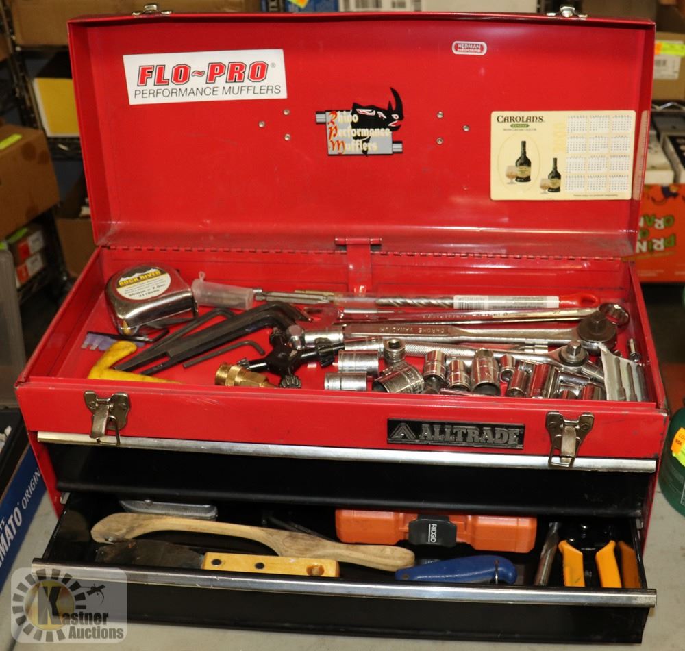 ALLTRADE RED METAL TOOL BOX W/ 2 DRAWERS AND TOOLS