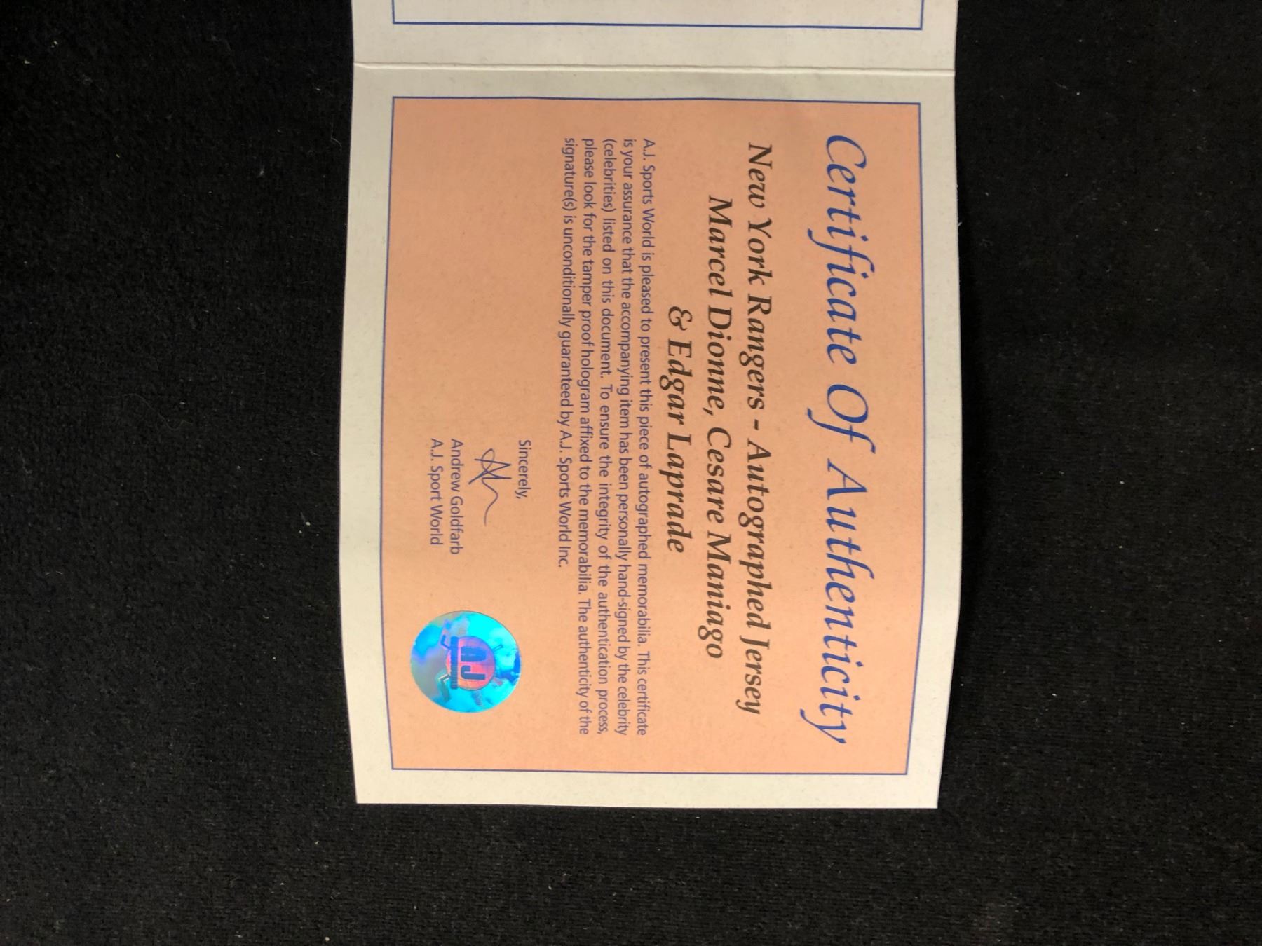 NEW YORK RANGERS AUTOGRAPHED JERSEY (MARCEL DIONNE/ EDGAR LAPRADE/ CESARE MANIAGO) AJ SPORTS COA