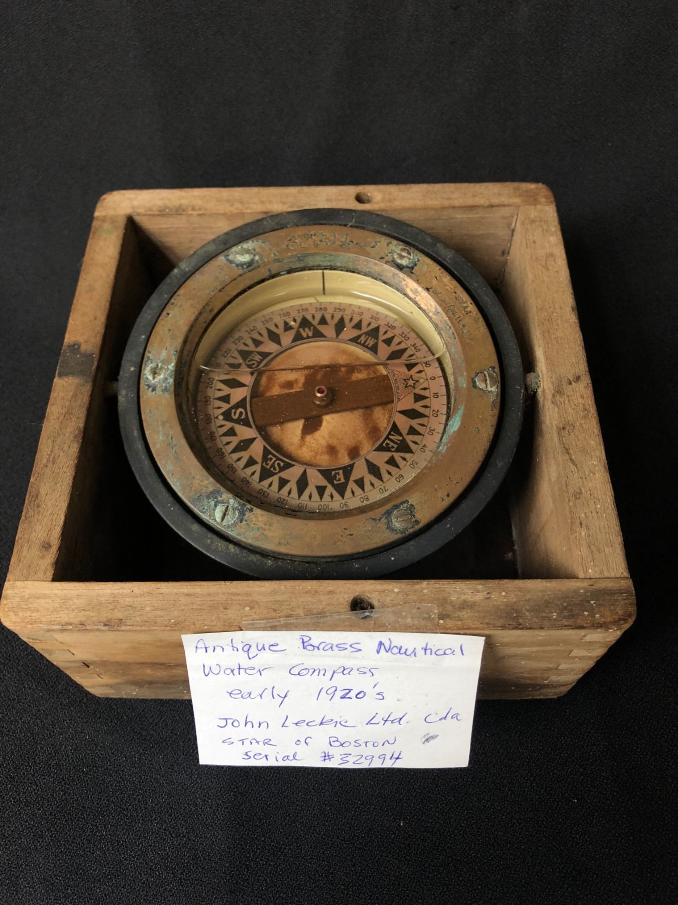 ANTIQUE BRASS NAUTICAL WATER COMPASS (1920'S) JOHN LECKIE LTD.