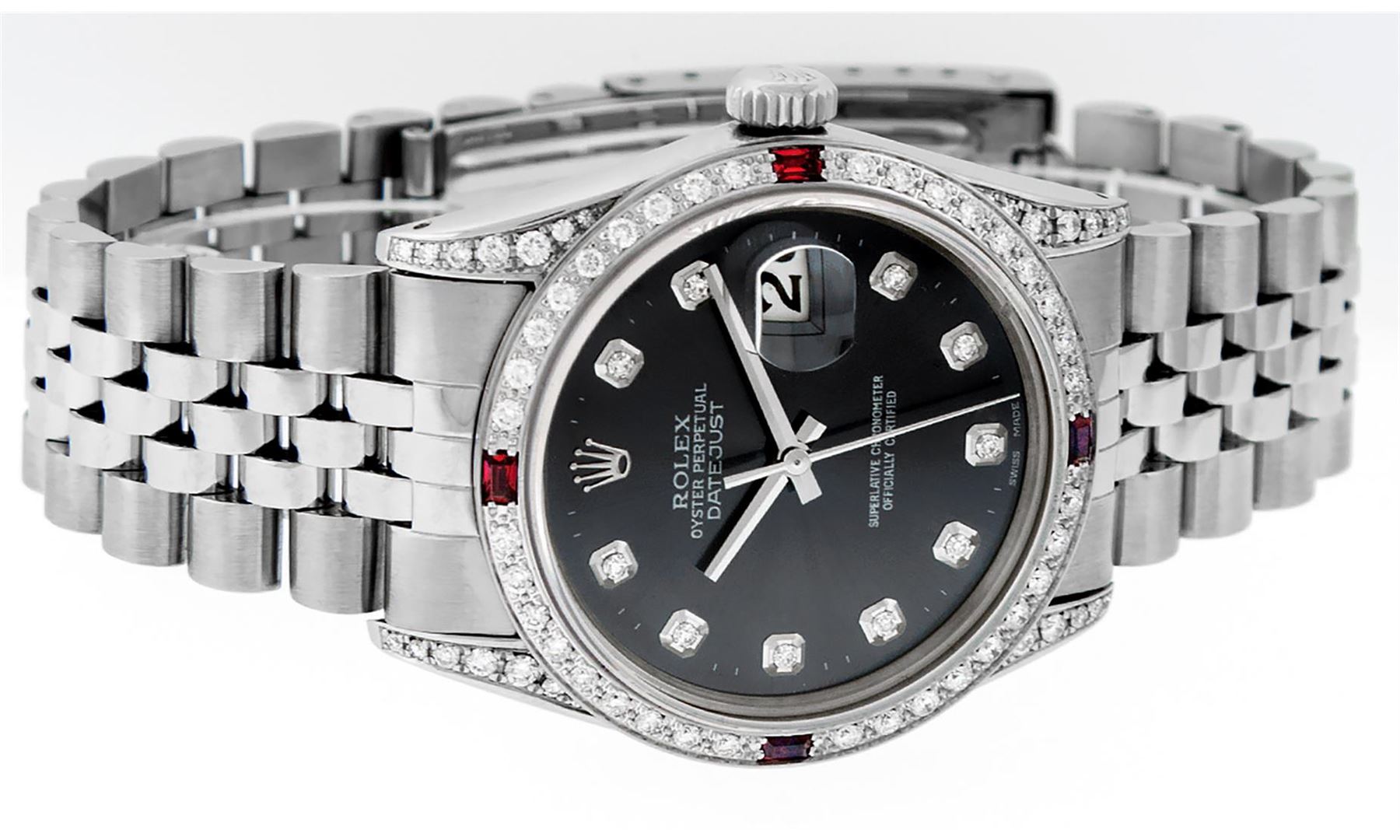 Rolex Mens Stainless Steel Black Diamond Lugs & Ruby Datejust Wristwatch