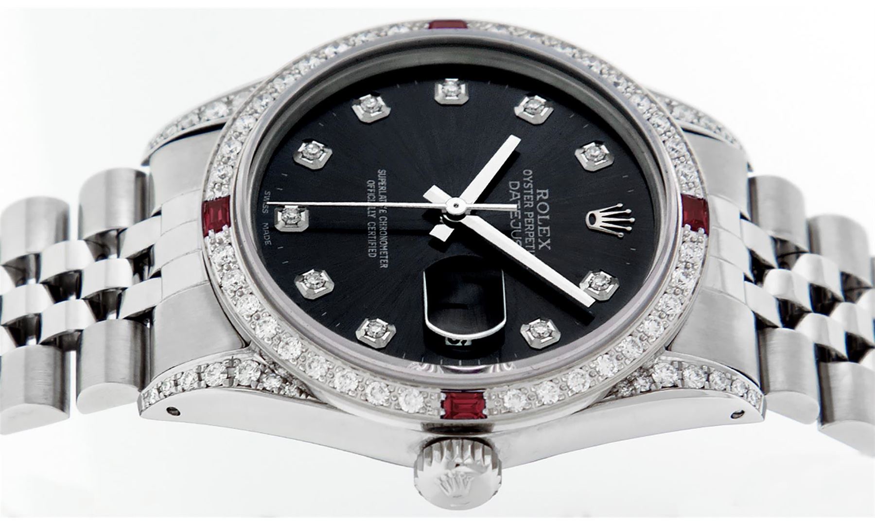 Rolex Mens Stainless Steel Black Diamond Lugs & Ruby Datejust Wristwatch