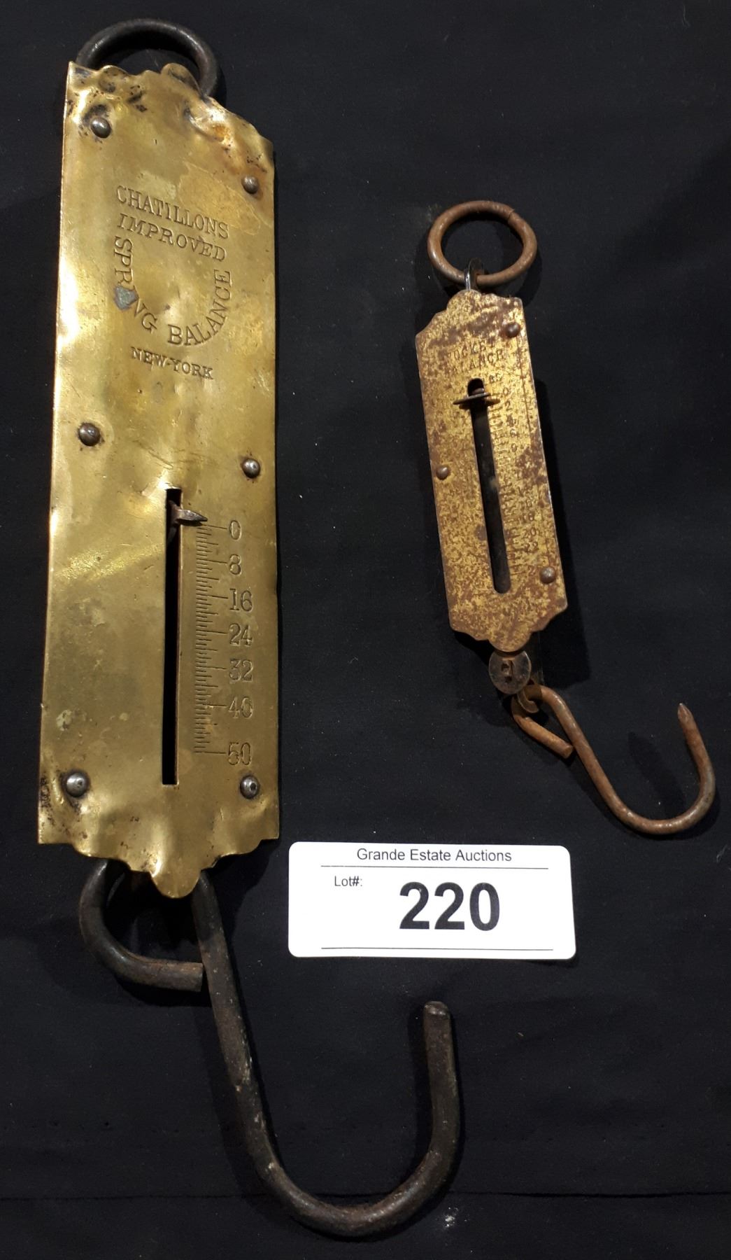 TWO ANTIQUE BRASS HANGING SCALES