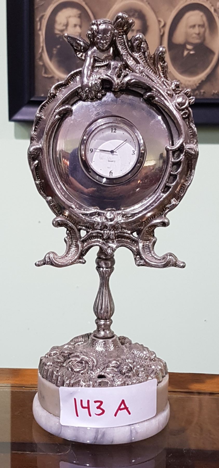 VINTAGE ANGEL TABLE CLOCK ON MARBLE BASE