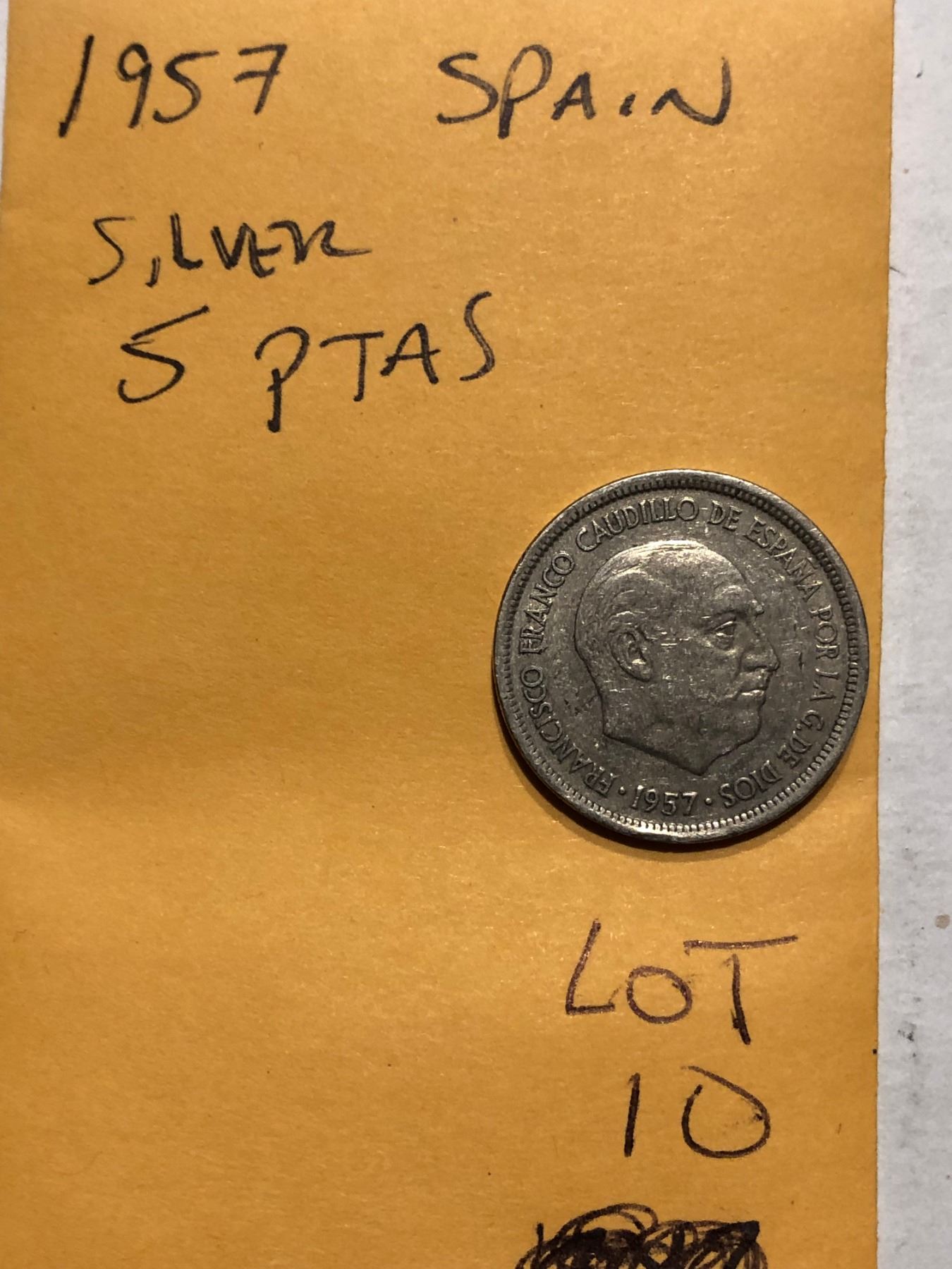 1957 Spanish Silver 5 Ptas Coin