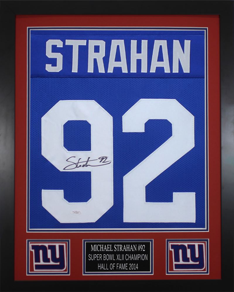 Michael Strahan Signed New York Giants 24x30 Custom Framed Jersey (JSA COA)