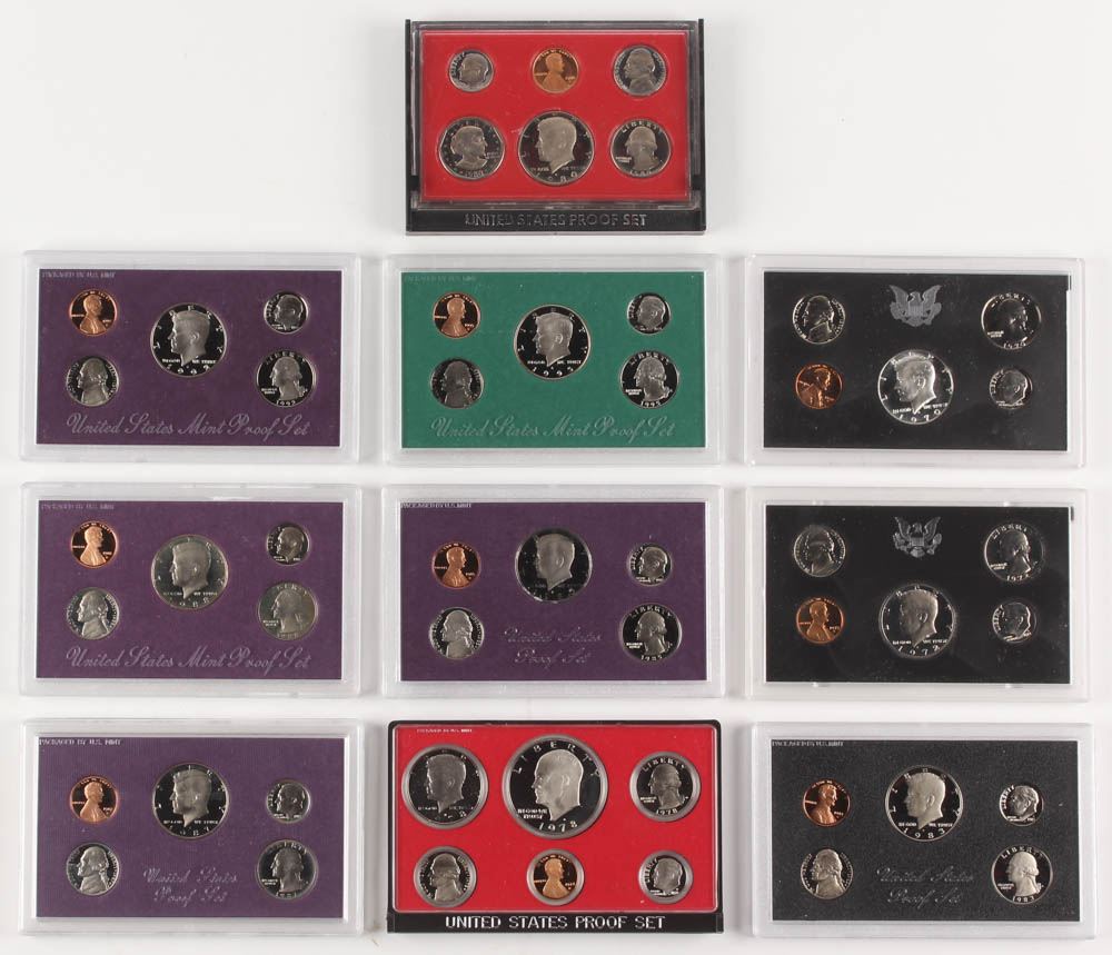 Lot of (10) United States Mint Proof Sets with 1970, 1972, 1978, 1980 ...