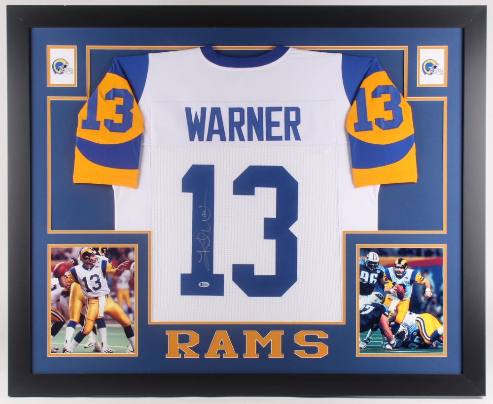 Kurt Warner Signed St. Louis Rams 35x43 Custom Framed Jersey (Beckett COA)