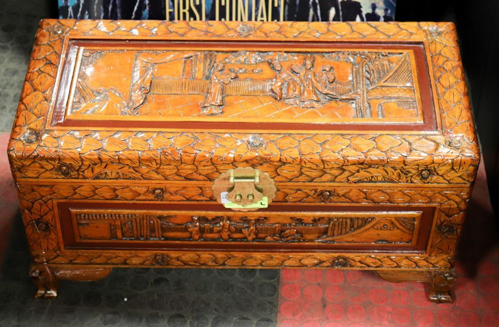 ORNATELY CARVED WOODEN CHEST.