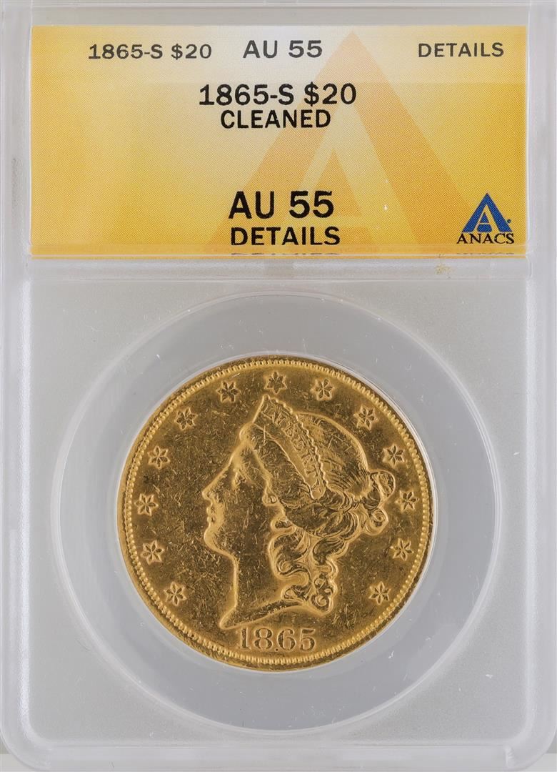 1865-S $20 Liberty Head Double Eagle Gold Coin ANACS MS55