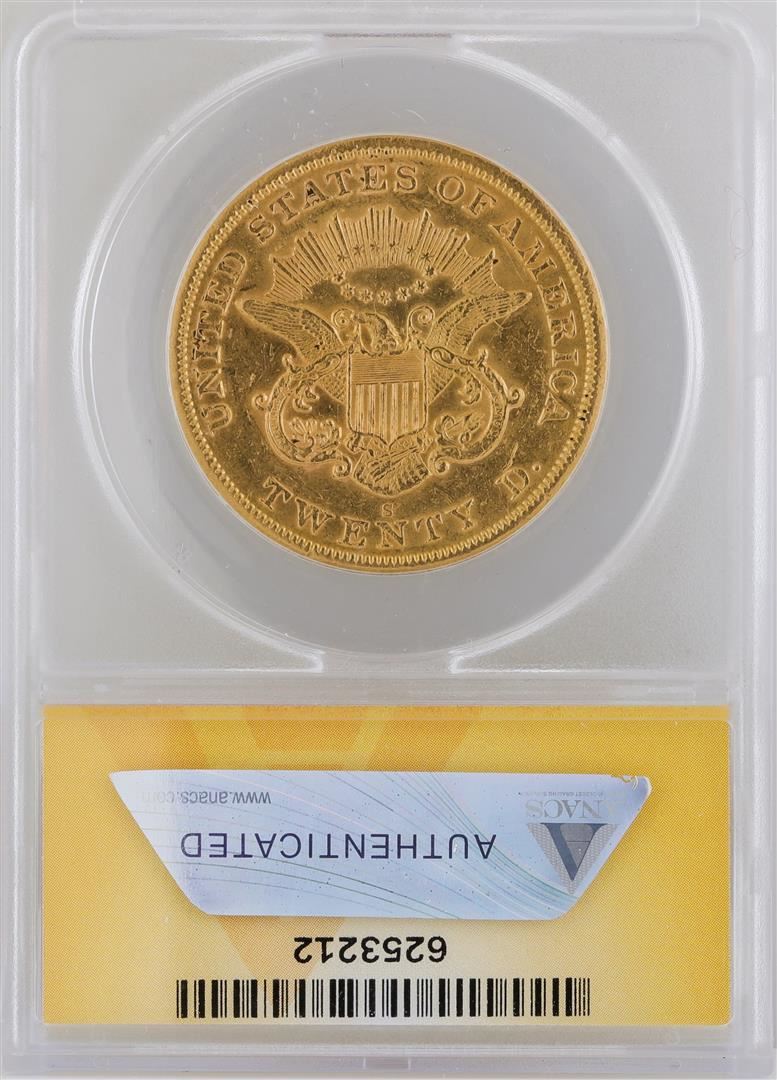 1865-S $20 Liberty Head Double Eagle Gold Coin ANACS MS55